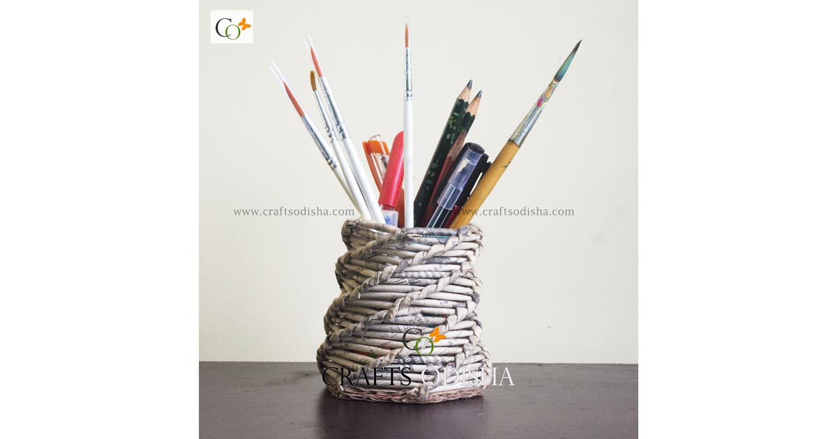 Paper Strip Weaving Pen Stand Natural Colour | Crafts Odisha