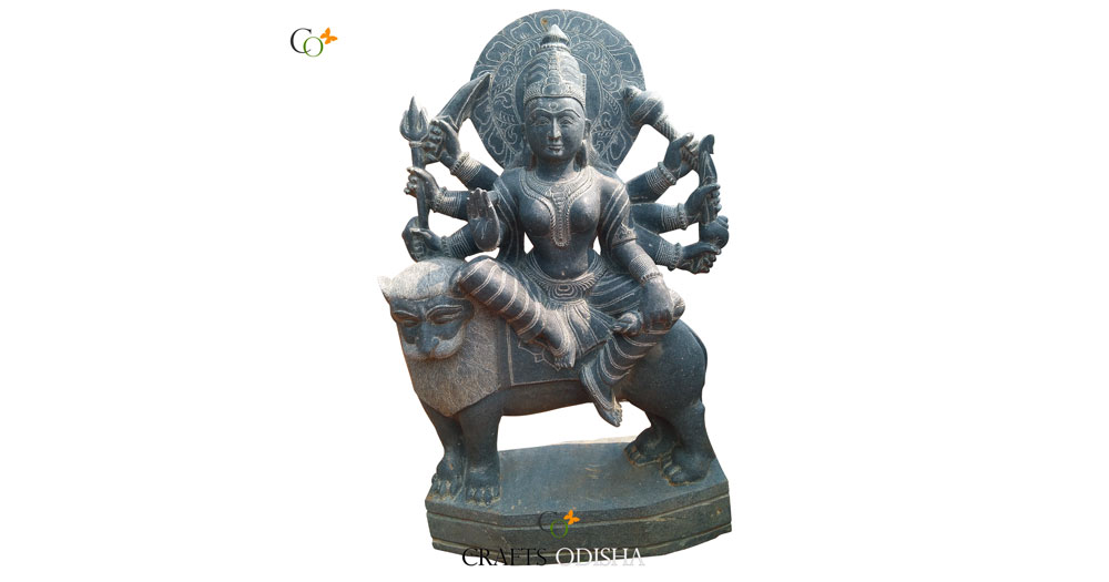 Granite Black Stone Devi Durga Simha Vahini Statue 3 ft | Crafts Odisha