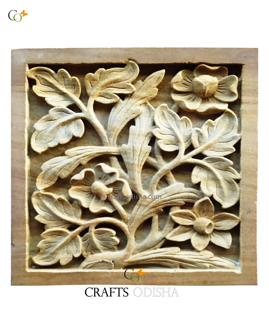Teakwood Stone Wall Frame Mount Leaves Design 1 x 1 ft | Crafts Odisha
